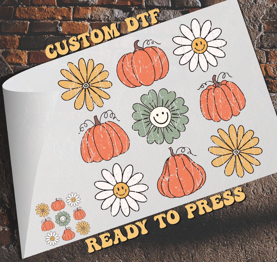 Retro Flowers and Pumpkins DTF Transfer, Pumpkin Fall Ready to Press ...