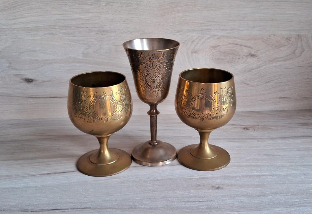 Vintage Brass & Silverplate Chalice Trio: Etched Drinkware - Etsy