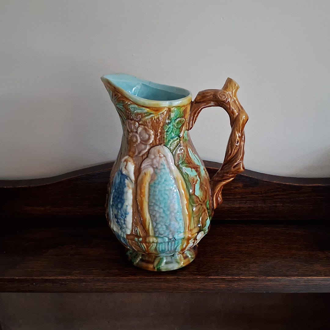 Antique Majolica Jug, Pitcher: Embossed Ceramic Pitcher With Birds and ...