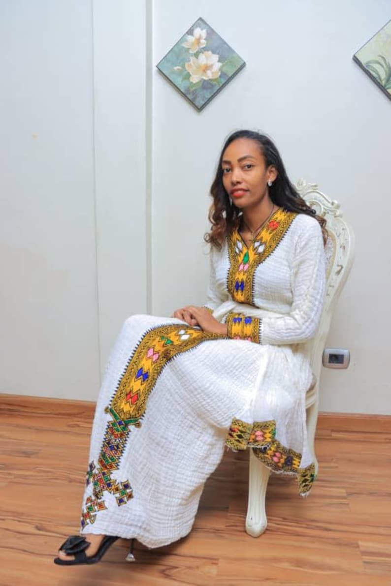 White Traditional Dress With Yellow and Green Embroidery - Etsy
