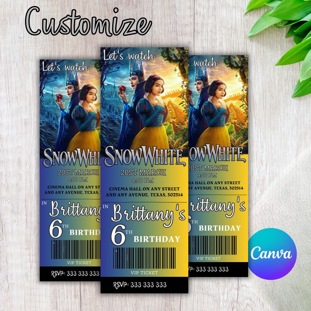 Snow White Ticket Invitation, Snow White Birthday Invite, Snow White ...