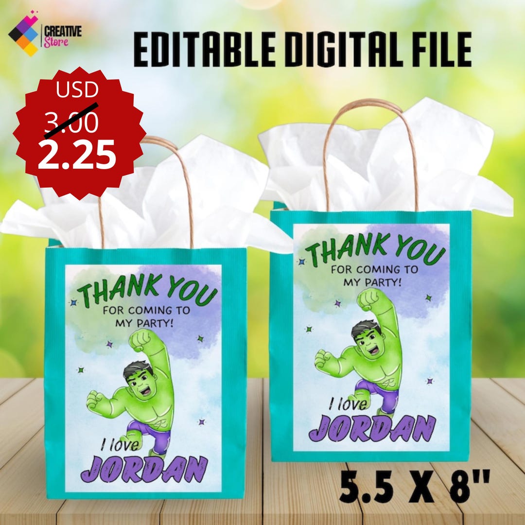 Editable Small Hulk Gift Bag Tags, Little Hulk Treat Bags, Hulk Snack ...