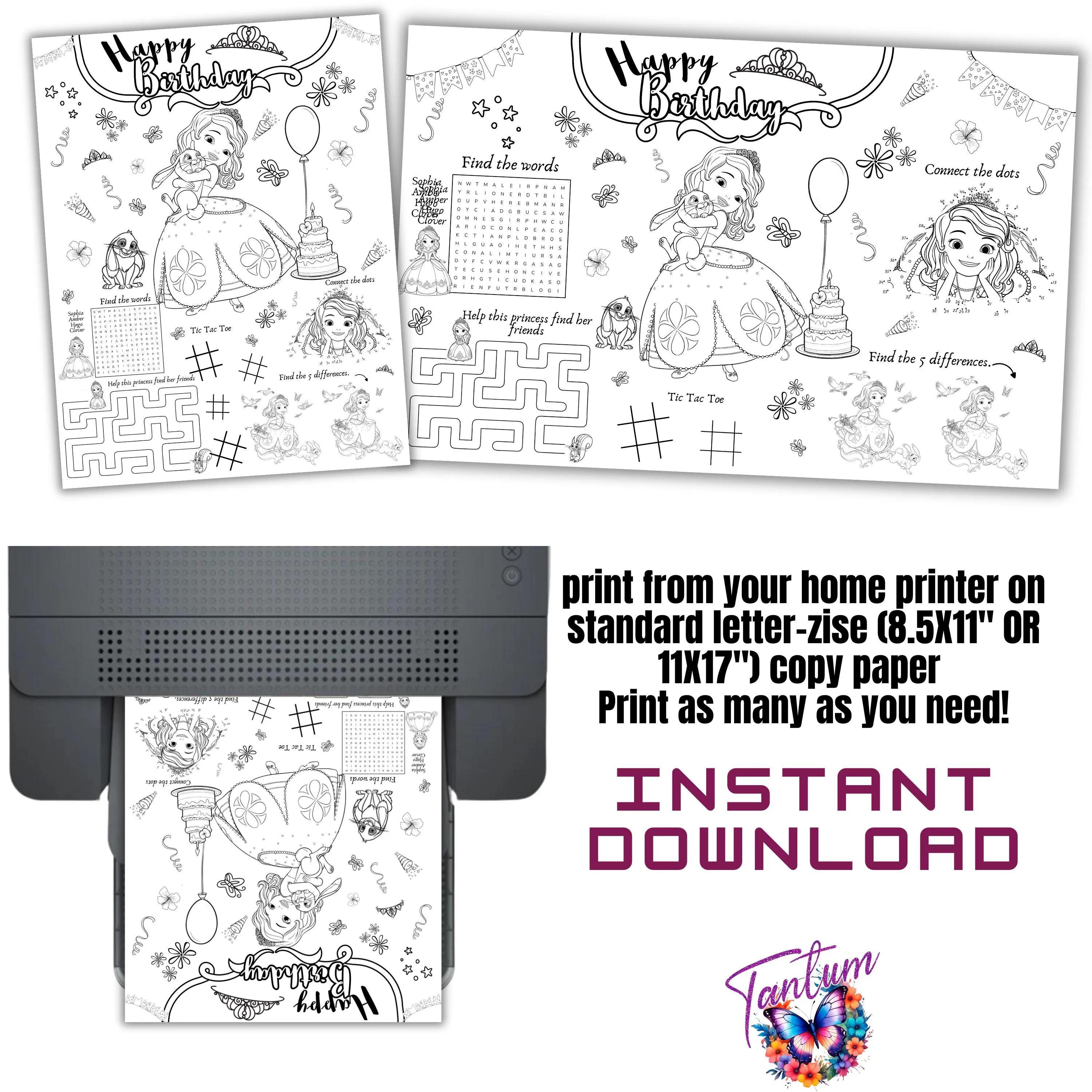 Sophia Coloring Page, Princess Sophia Birthday Placemat, Activity Set ...