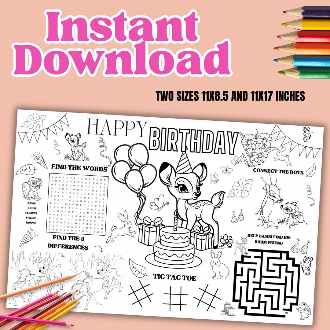 Birthday Placemat for Bambi , Bambi Party Coloring Activity Mat, Bambi ...