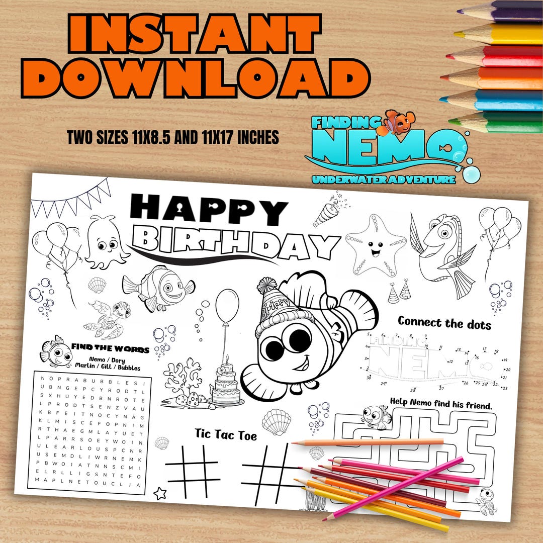 Finding Nemo Coloring Page, Nemo Birthday Placemat, Finding Nemo ...