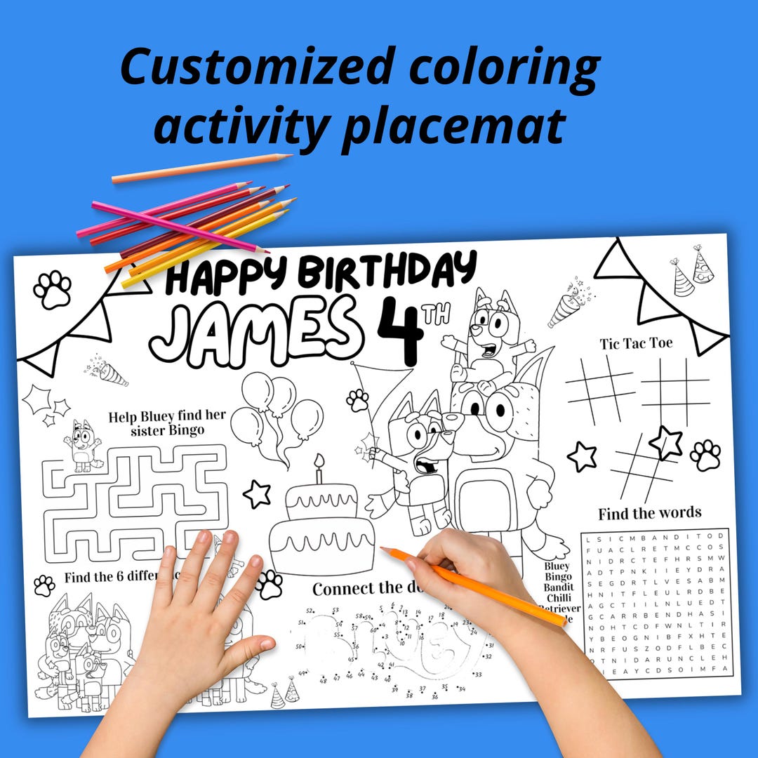 Personalized Birthday Party Mat, BLUEY Birthday Party Activity Sheet ...