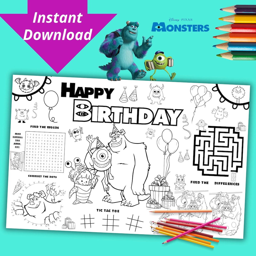 Monsters Activity Placemat, Monsters Placemat, Monsters Coloring Sheet ...