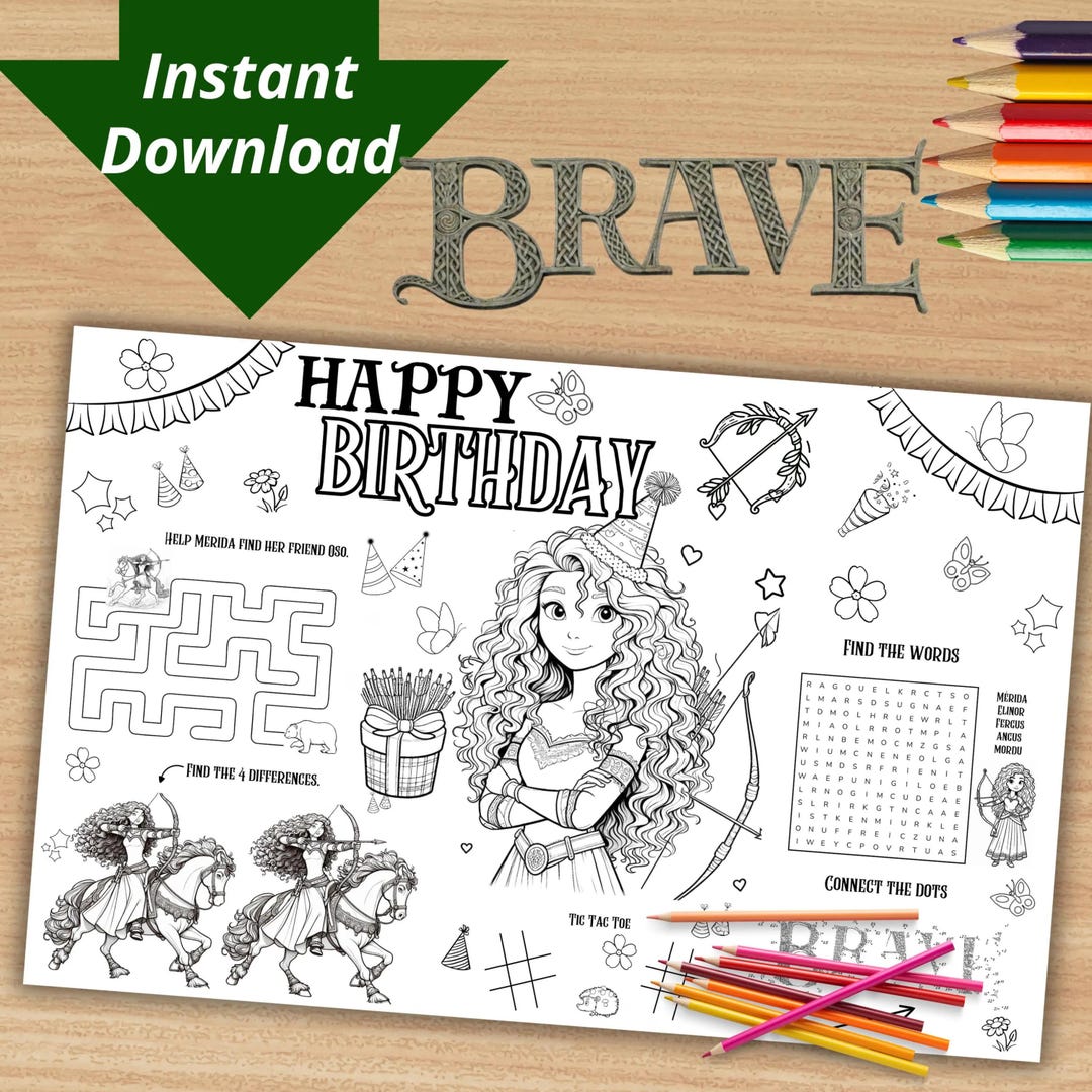 Merida Coloring Page, Brave Birthday Placemat, Activity Set, Merida ...