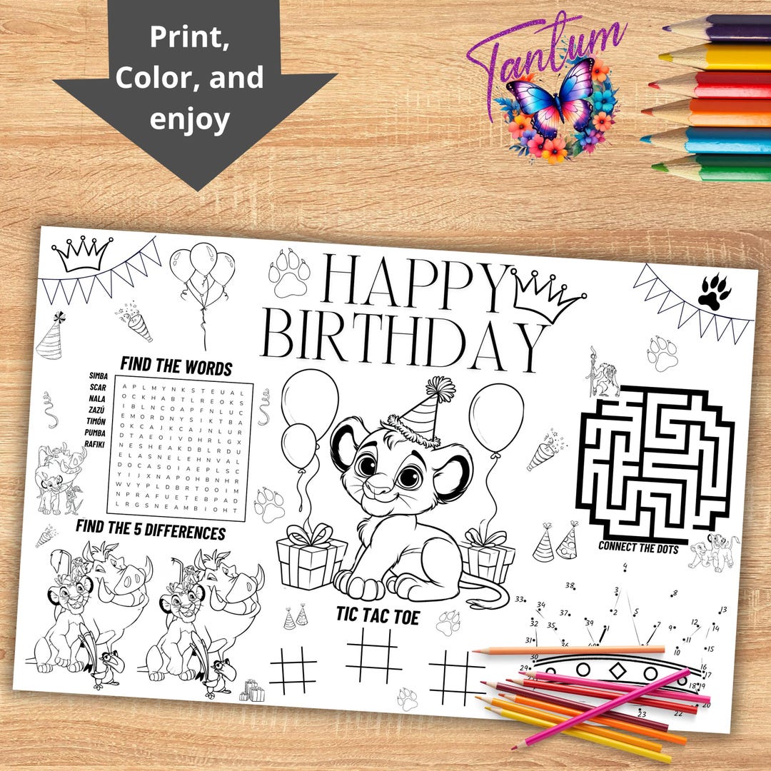 The Lion King Coloring Page, the Lion King Birthday Placemat, Activity ...