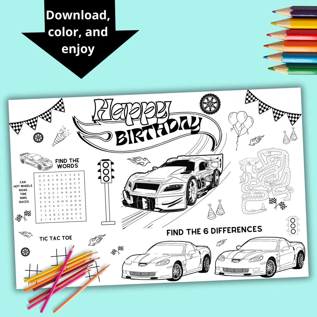 Race Cars Coloring Page,race Cars Birthday Placemat,activity Set,race ...