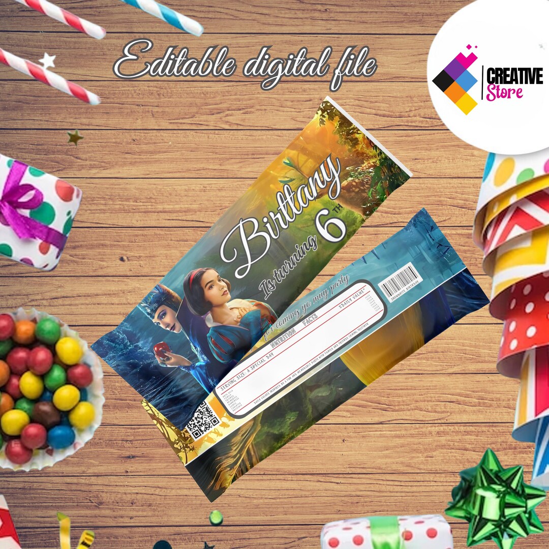 Snowwhite Editable Chocolate Bar Wrapper, Digital Chocolate Wrapper ...