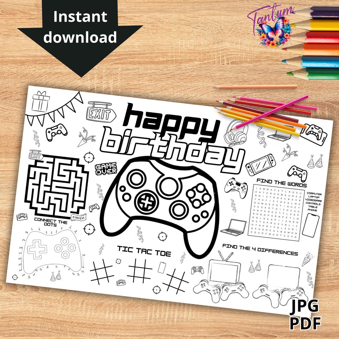 Video Game Coloring Page, Video Game Birthday Placemat, Activity Set ...