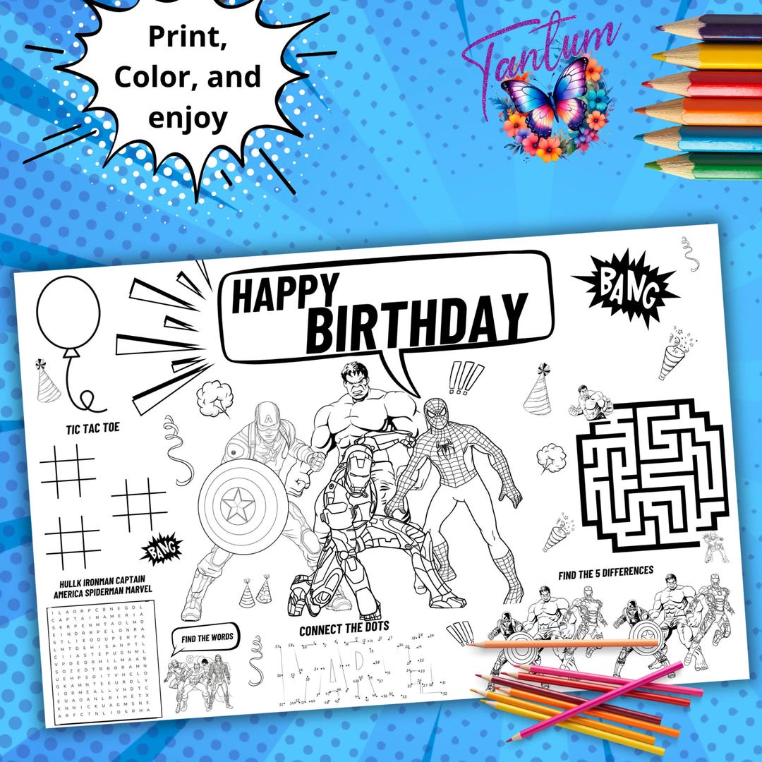 Superhero Coloring Page, Superpowers Birthday Placemat, Activity Set ...