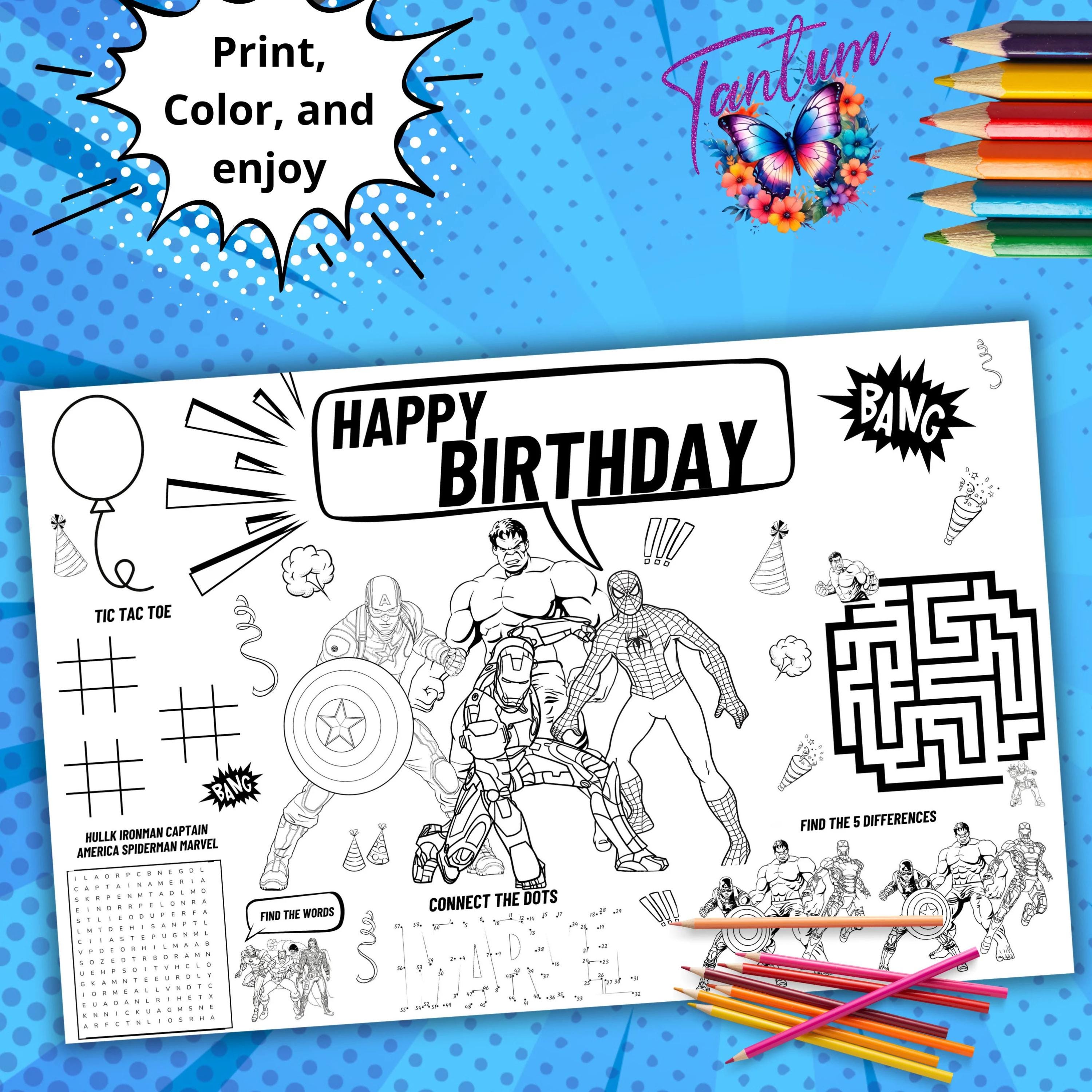 Superhero Coloring Page, Superpowers Birthday Placemat, Activity Set ...