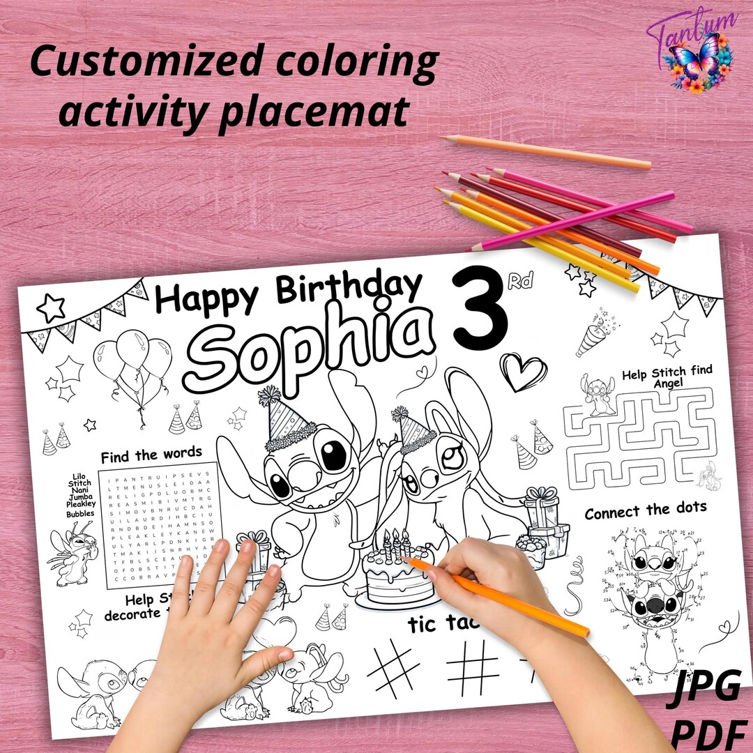 Personalized Birthday Party Mat, STITCH Birthday Party Activity Sheet ...