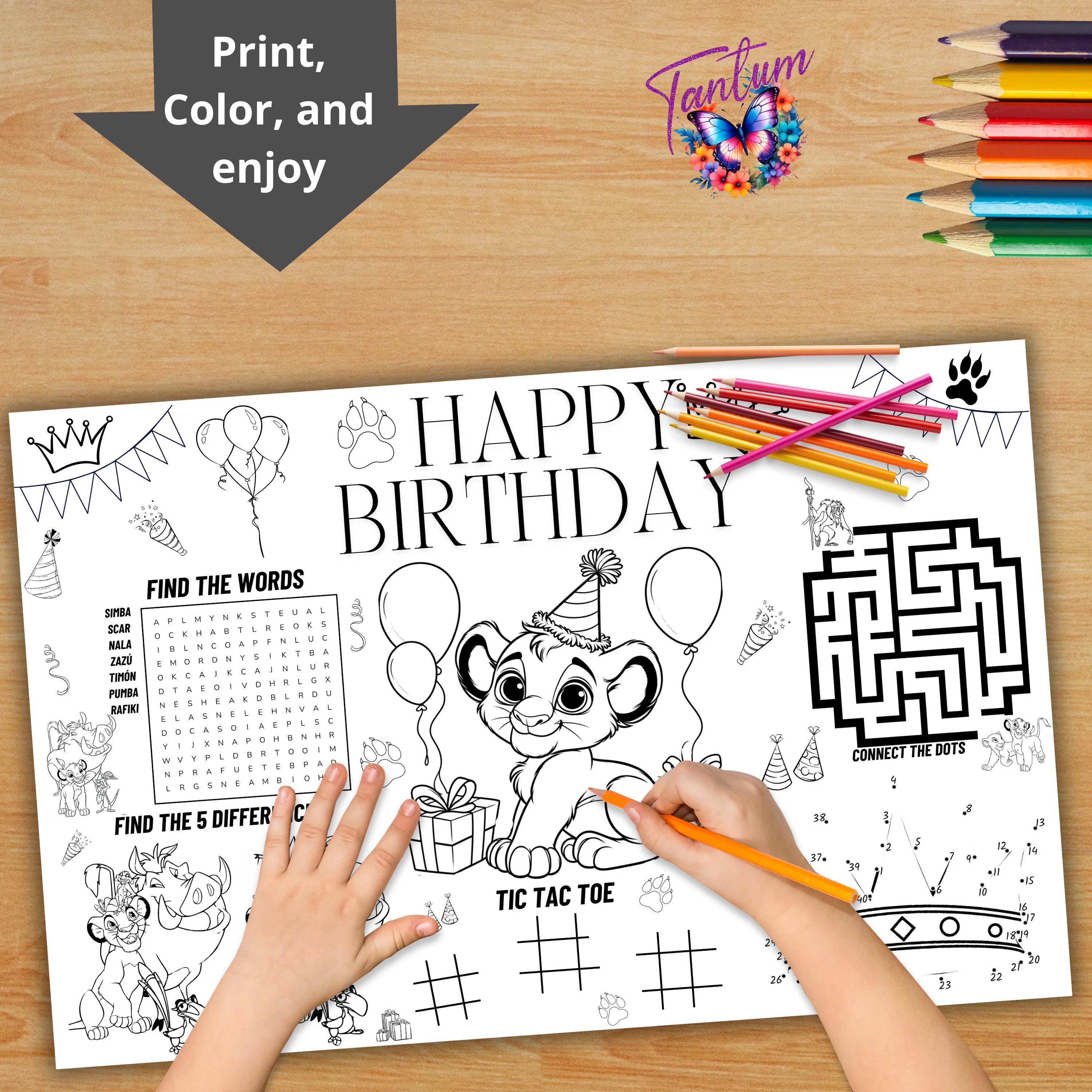 The Lion King Coloring Page, the Lion King Birthday Placemat, Activity ...