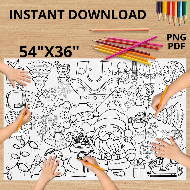 GIANT Christmas Coloring Poster or Table Cover Png Holiday Tablecloth ...