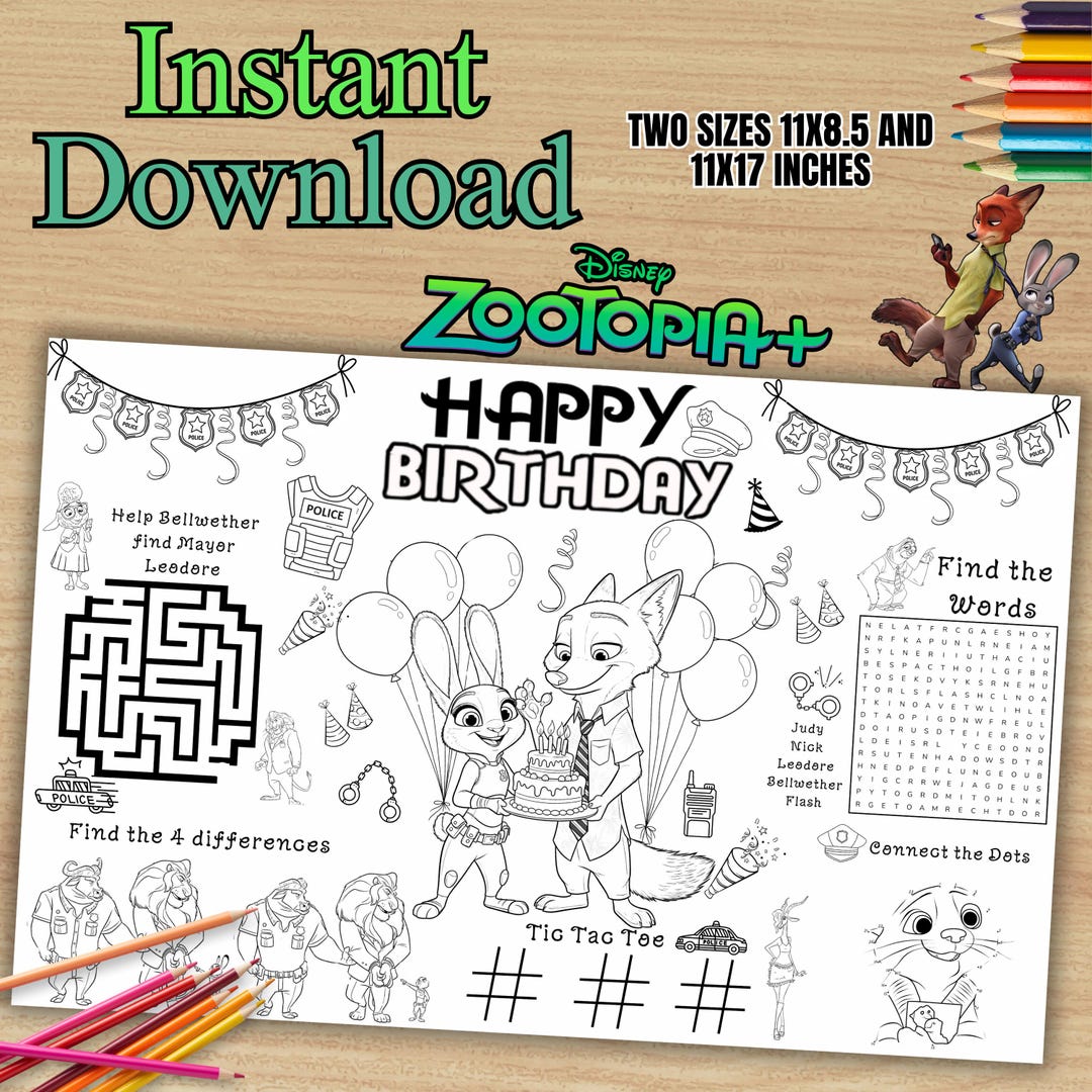 Zootopia Birthday Placemat, Zootopia Party, Zootopia Coloring Activity ...