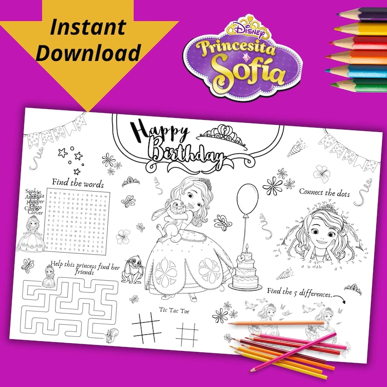 Sophia Coloring Page, Princess Sophia Birthday Placemat, Activity Set ...