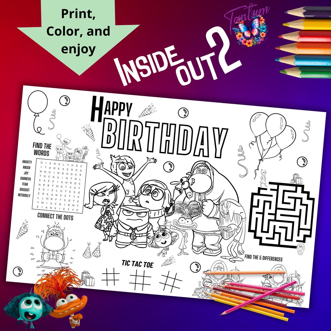 Inside Out2 Birthday Placemat, Inside Out 2 Party, Coloring Activity ...