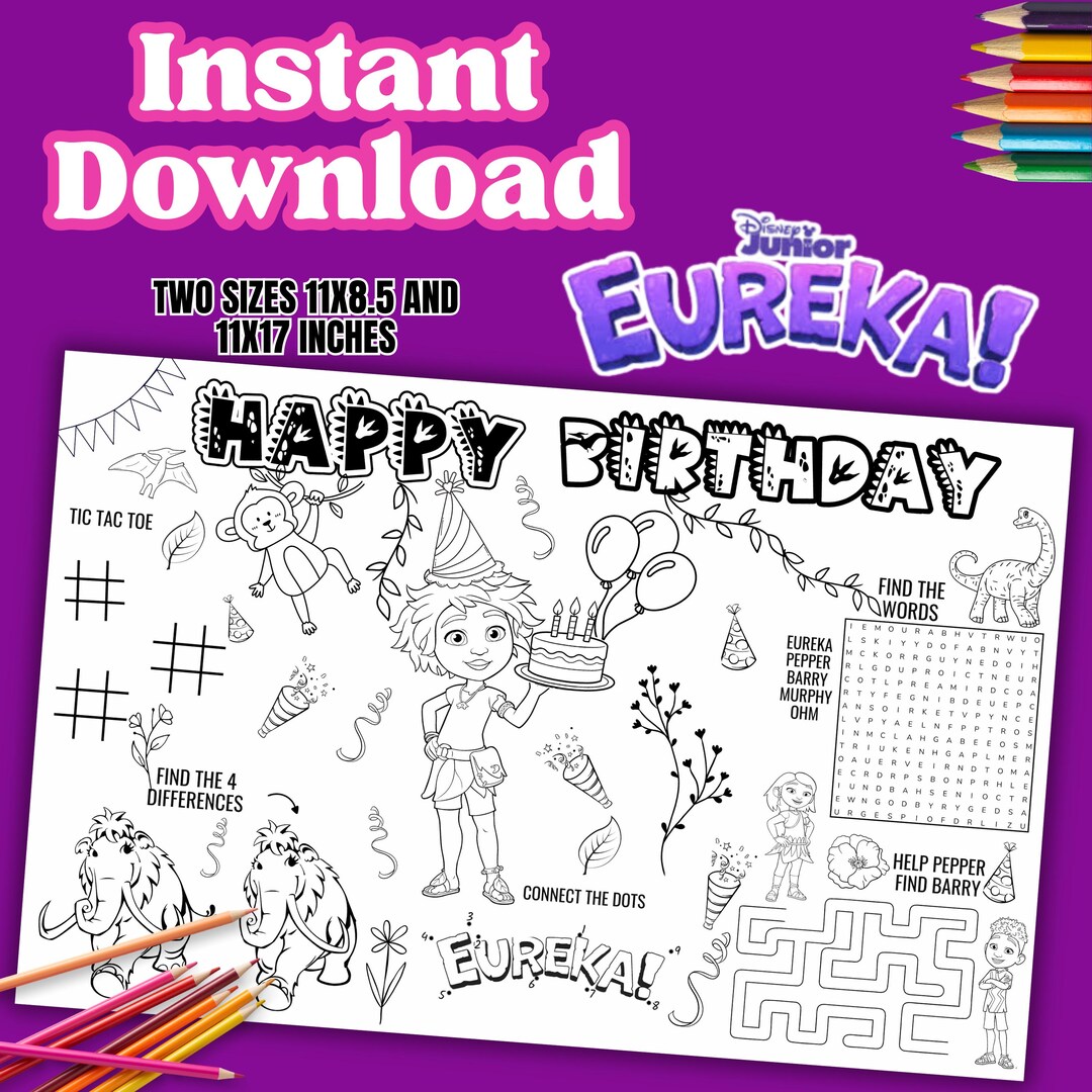 Eureka Coloring Page, Eureka Birthday Placemat, Eureka Activity Set ...