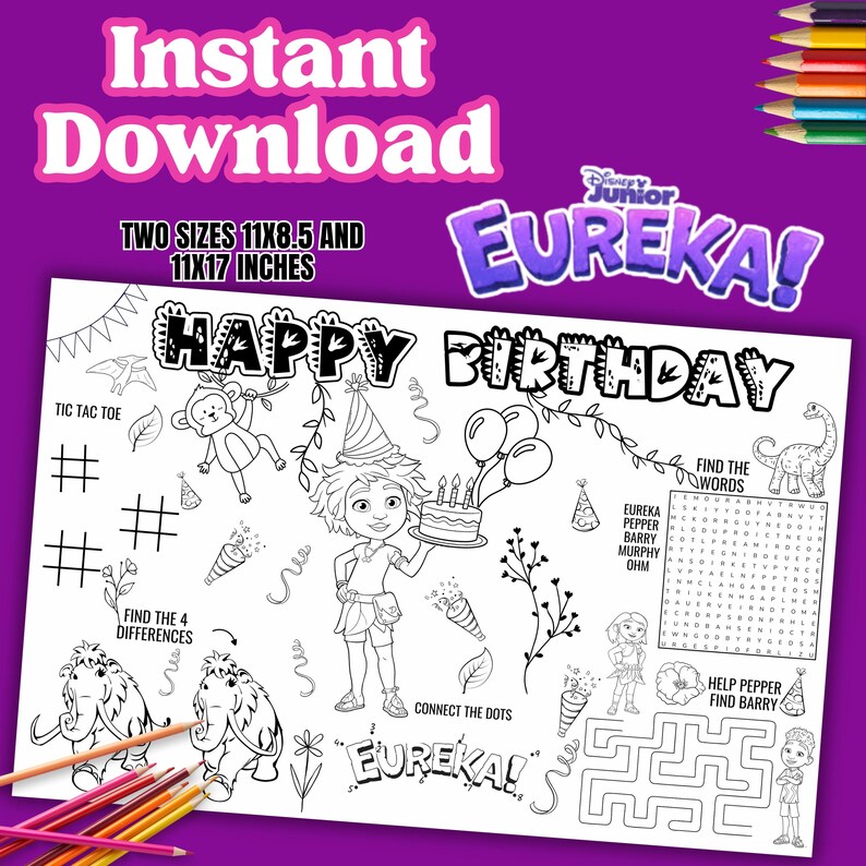 Eureka Coloring Page, Eureka Birthday Placemat, Eureka Activity Set ...