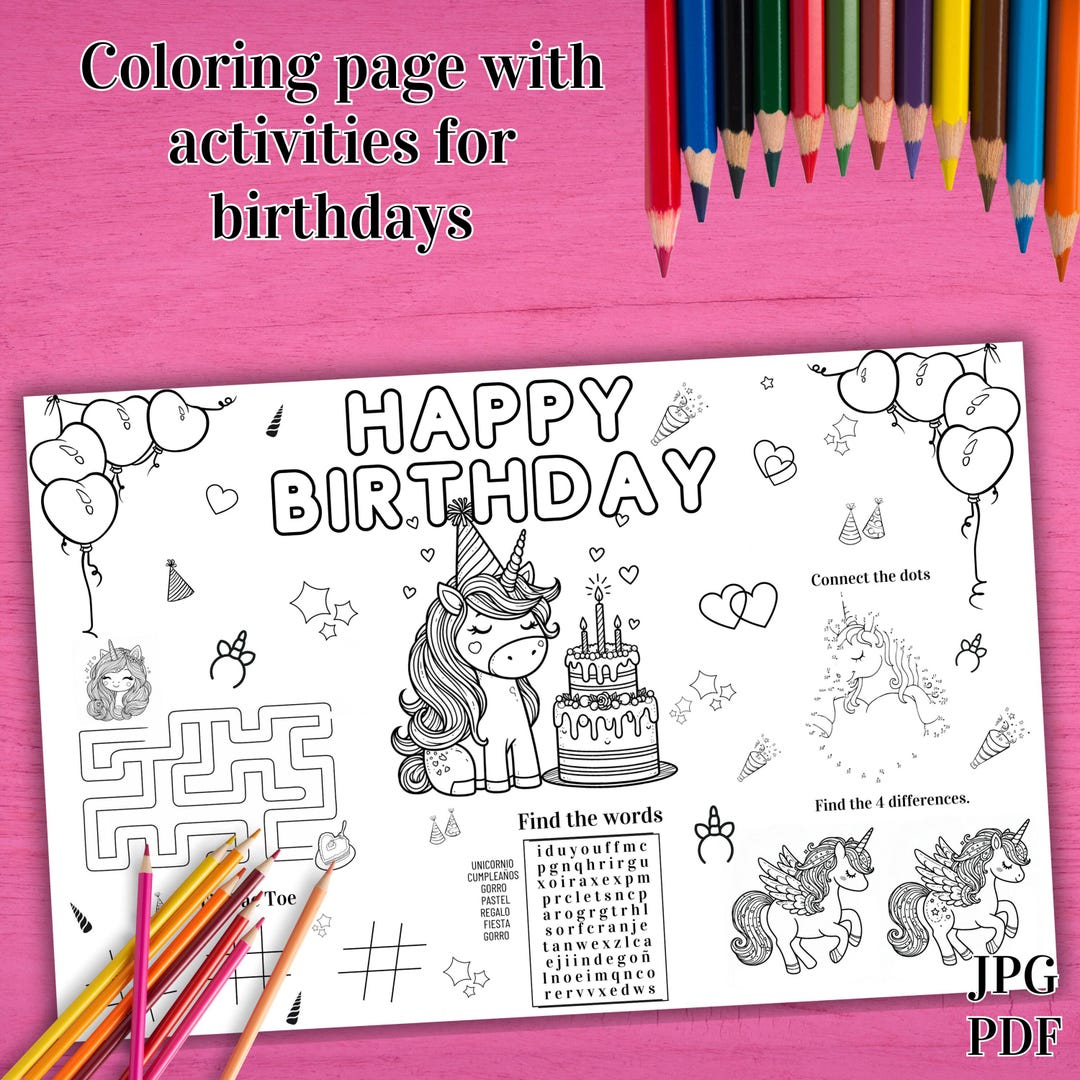 Unicorn Birthday Individual Placemat, Coloring Birthday Activity Mat ...