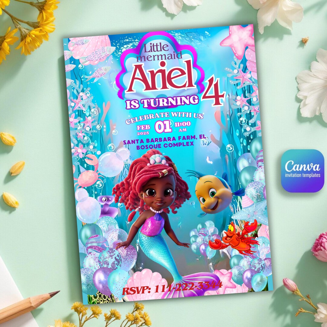 Ariel Birthday Party Invite, Ariel Digital Invitation Template, Ariel ...