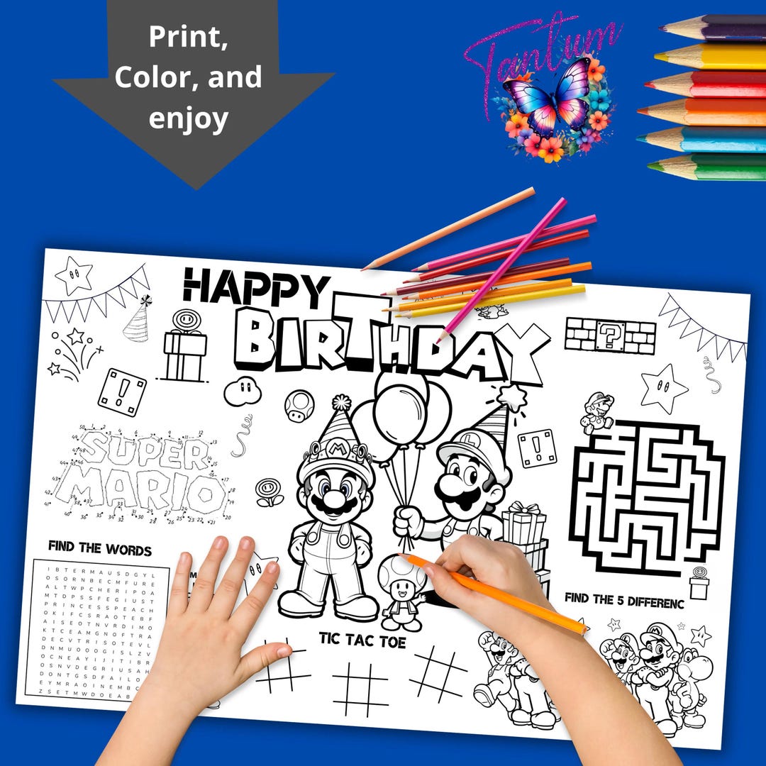 Super Brothers Coloring Page, Super Bros Birthday Placemat, Activity ...