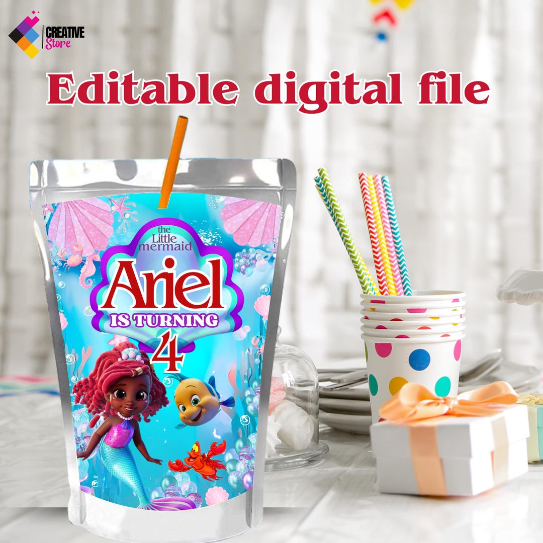 Editable Ariel Caprisun Label, Little Mermaid Ariel Fun Juice Pouch ...