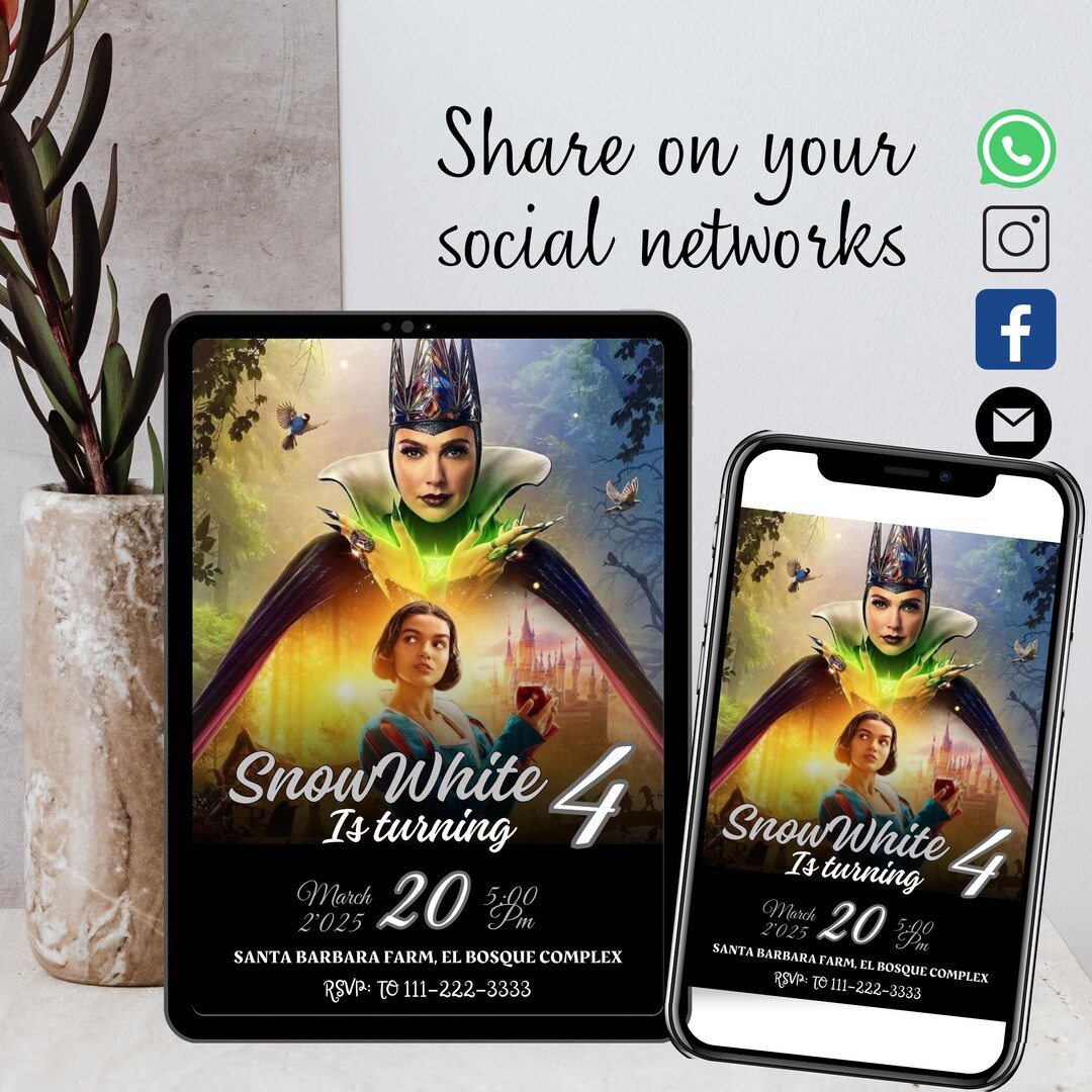 Snow White Birthday Party Invite, Snowwhite Digital Invitation Template ...