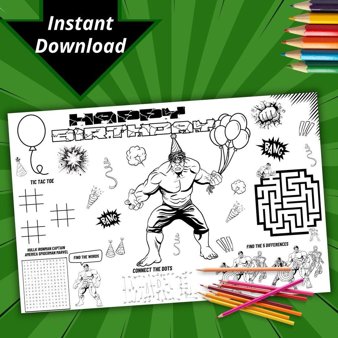 Hulk Coloring Page, Hulk Superhero Birthday Placemat, Activity Set ...