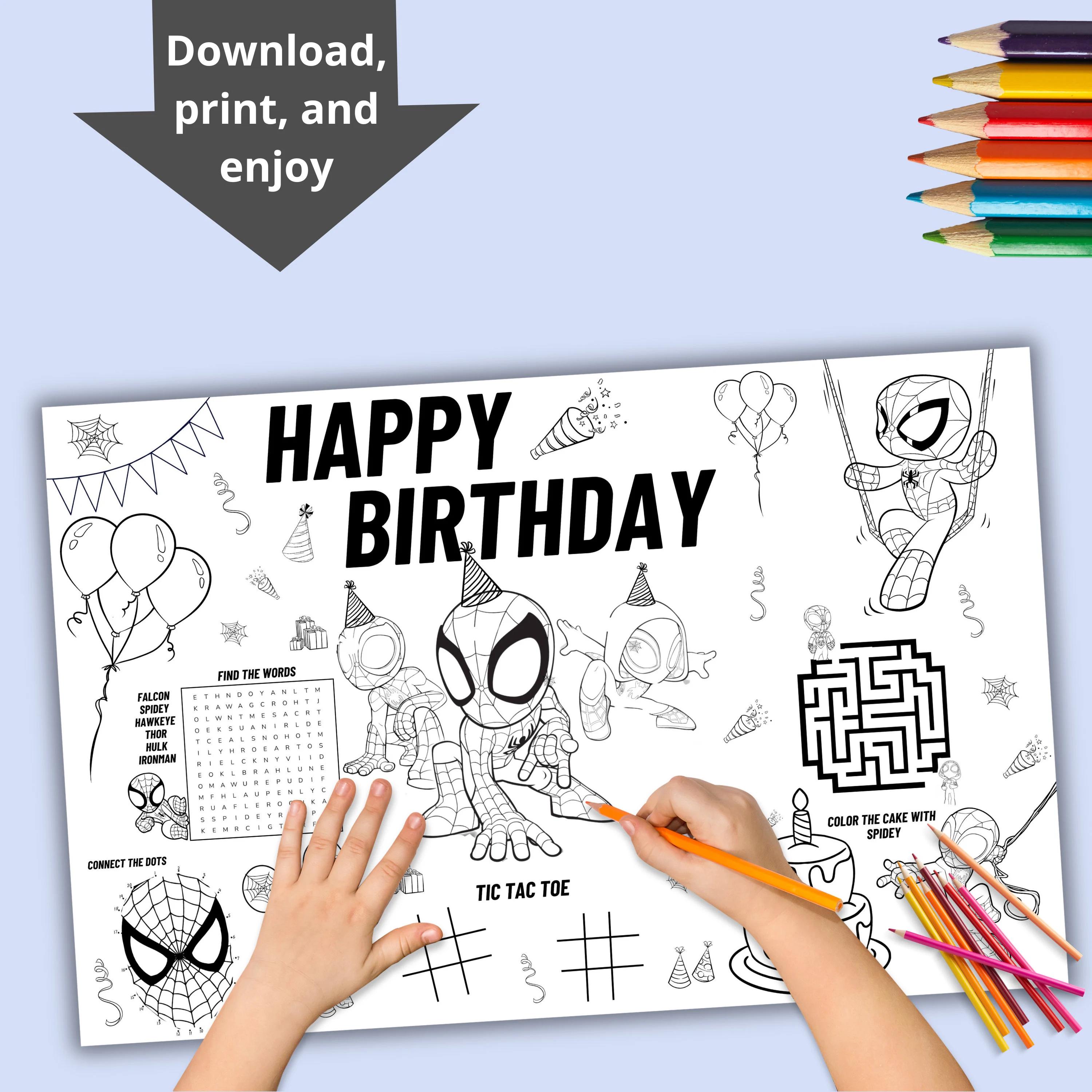Spidey Coloring Page, Spidey Birthday Placemat, Activity Set,spidey ...