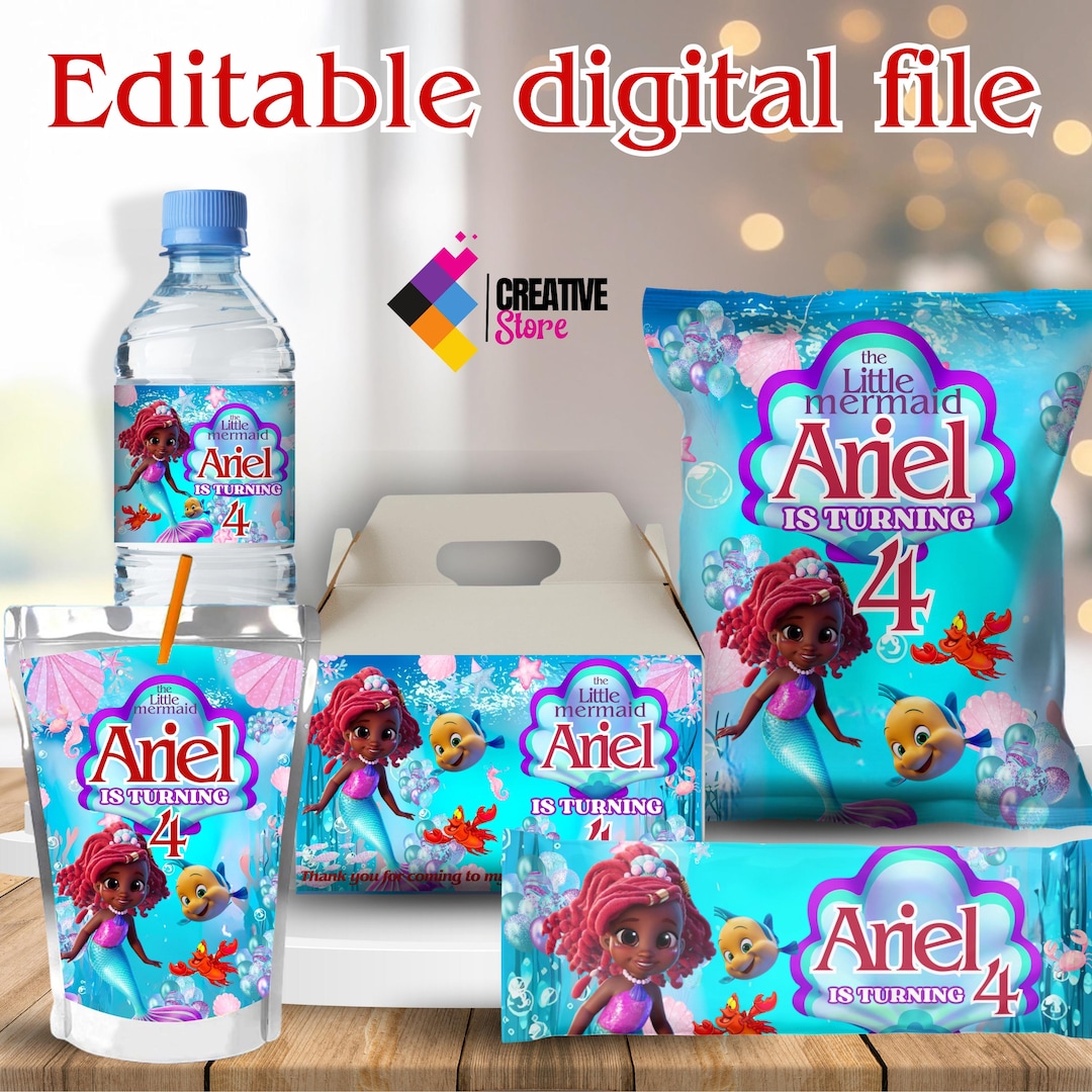 Editable Mermaid Ariel Party Pack, Ariel Potato Chip Bag, Ariel Bottle ...