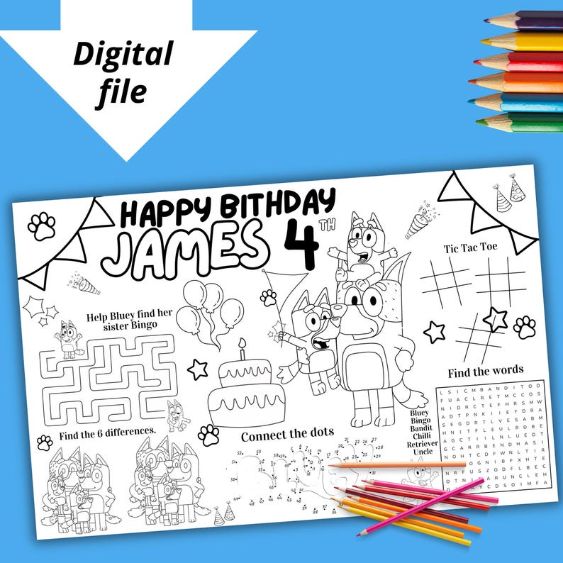 Personalized Birthday Party Mat, BLUEY Birthday Party Activity Sheet ...