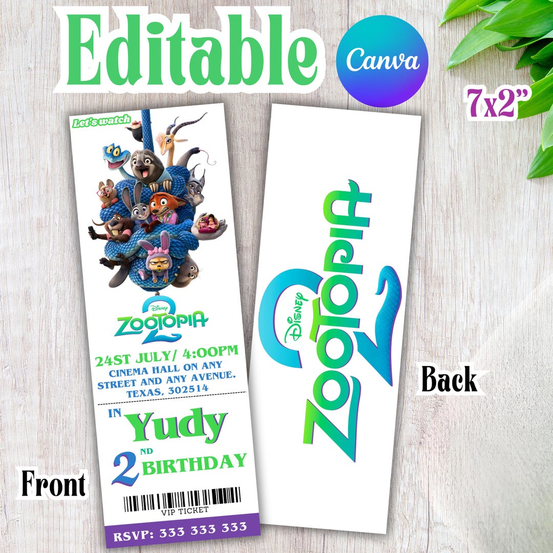 Zootopia 2 Ticket Invitation,zootopia Birthday Invite,zootopia 2 ...