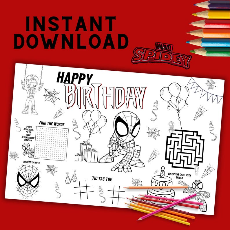 Spidey Coloring Page, Spidey Birthday Placemat, Activity Set,spidey ...