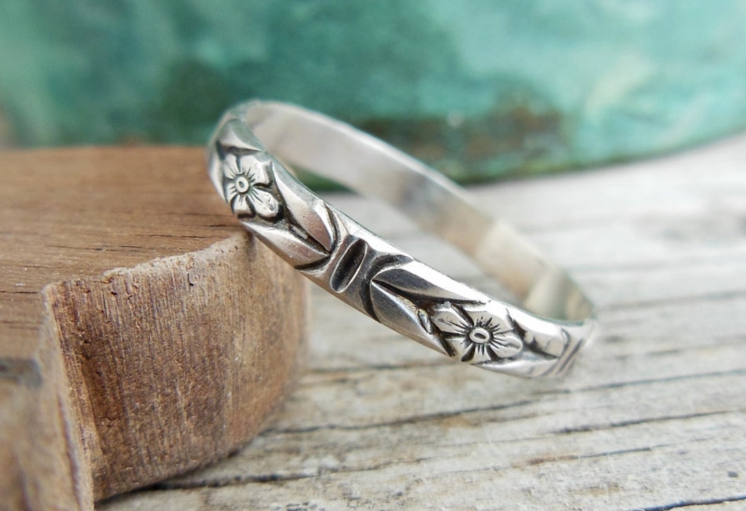 Sterling Silver Stacking Ring, Silver, Floral Ring Design, Rustic ...