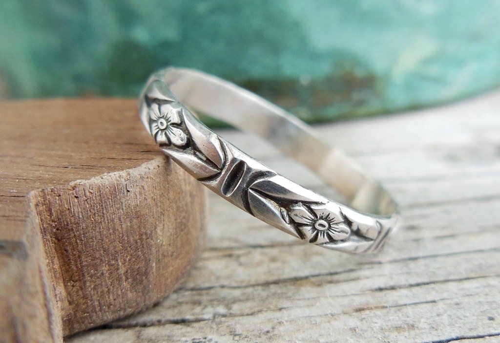 Sterling Silver Stacking Ring, Silver, Floral Ring Design, Rustic ...