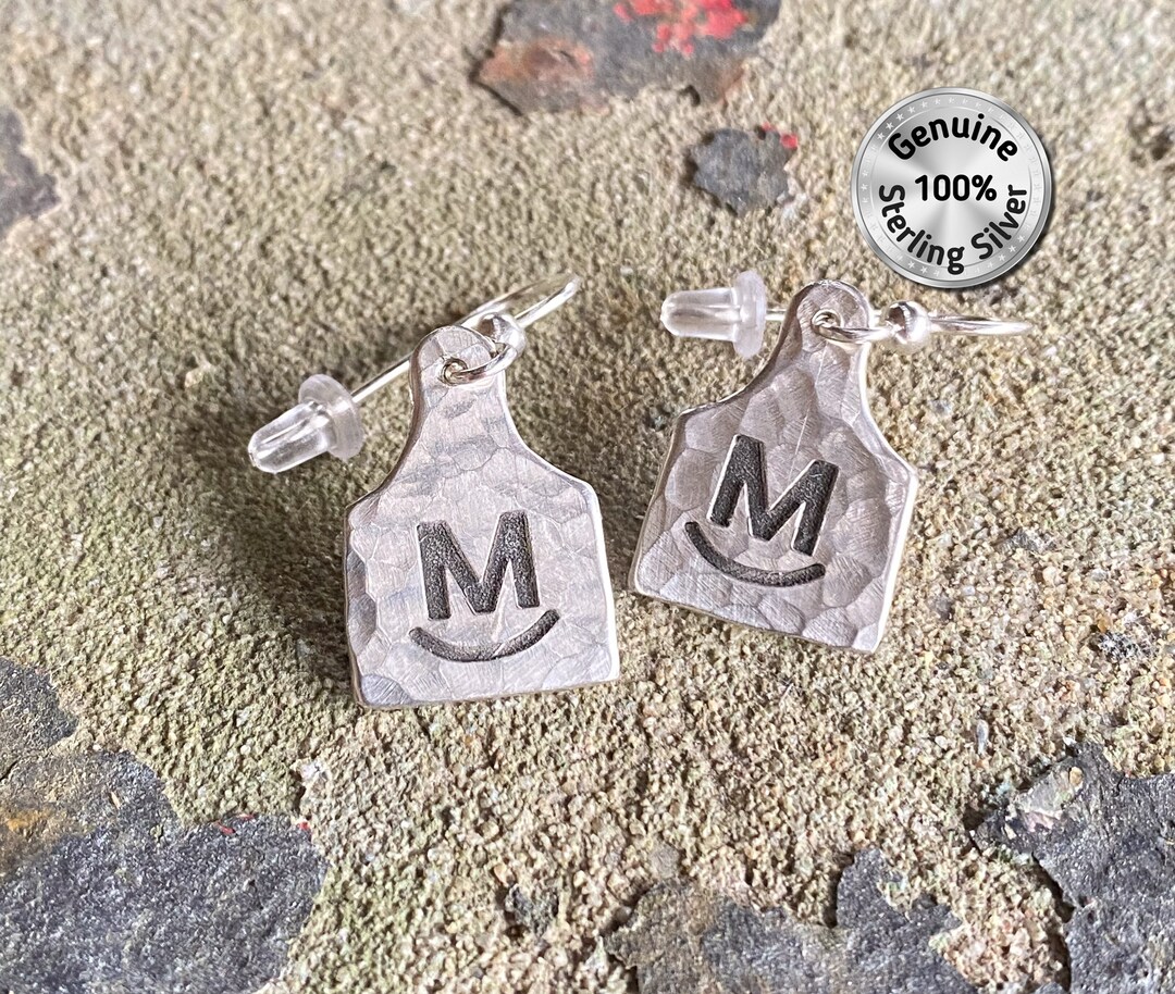 Personalized Earrings, Tiny Cow Ear Tag Earrings, Sterling Silver ...