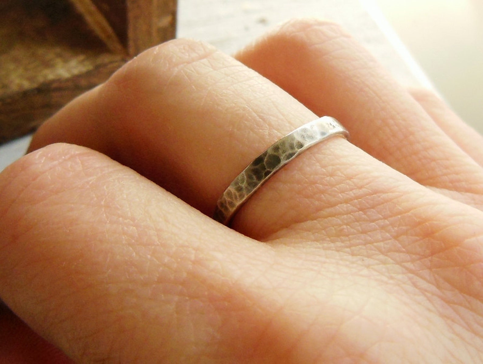 Sterling Silver Ring, Narrow Band, Rustic Hammered - Stacking Rings ...