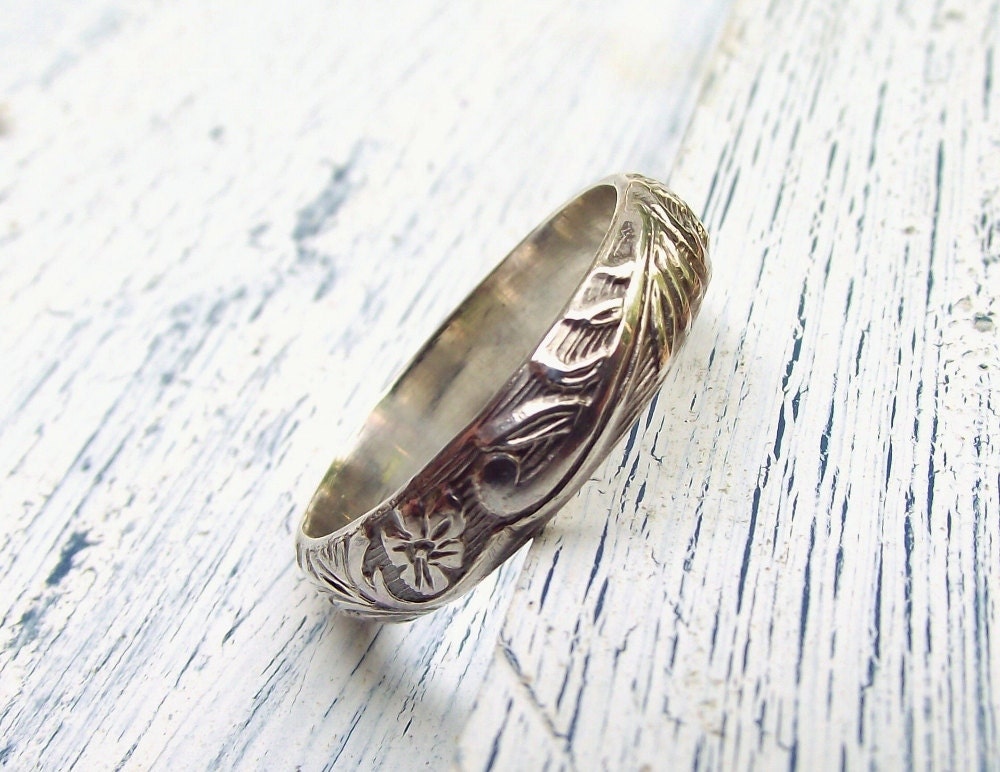 Floral Pattern Ring Sterling Silver Wedding Band Embossed - Etsy