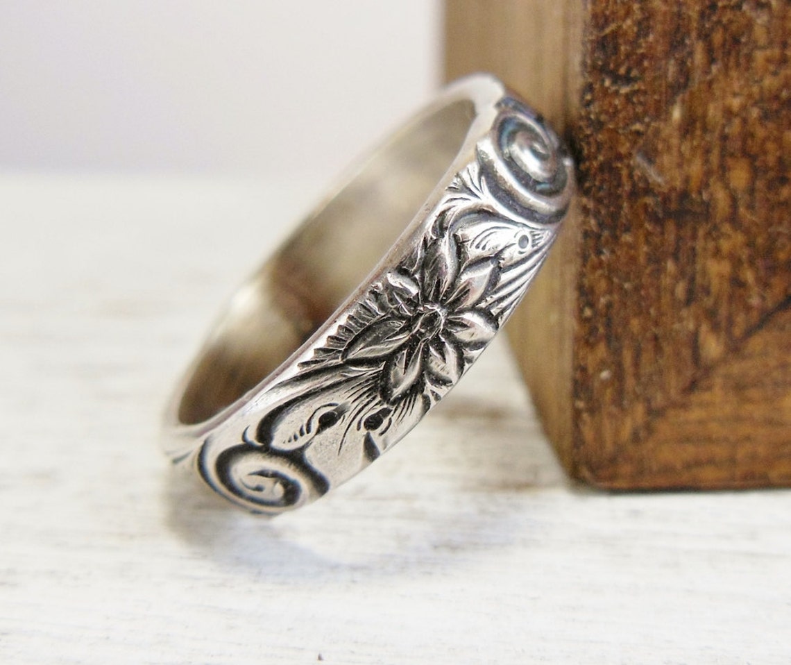 Engraved Ring Personalized Jewelry Sterling Silver Floral - Etsy