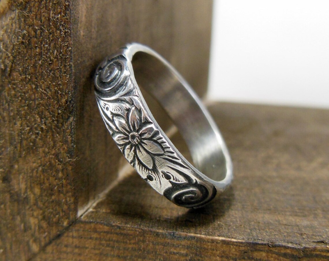 Sterling Silver Floral Ring Swirl Pattern Ring Sterling - Etsy