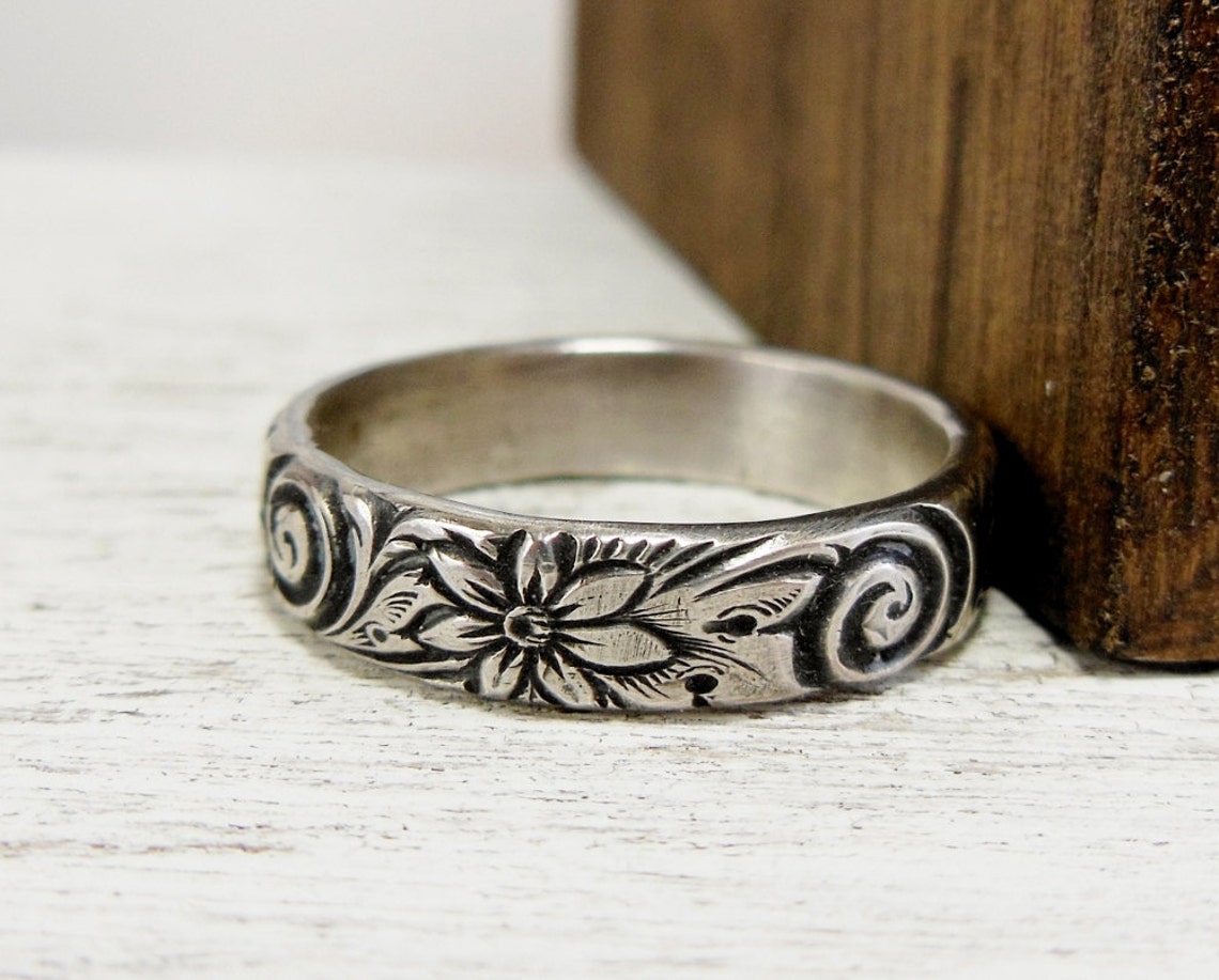 Sterling Silver Floral Ring Swirl Pattern Ring Sterling - Etsy