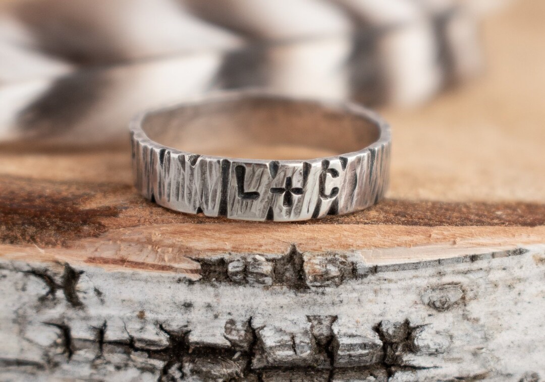Tree Bark Initial Ring - Sterling Silver Stackable Name Rings ...