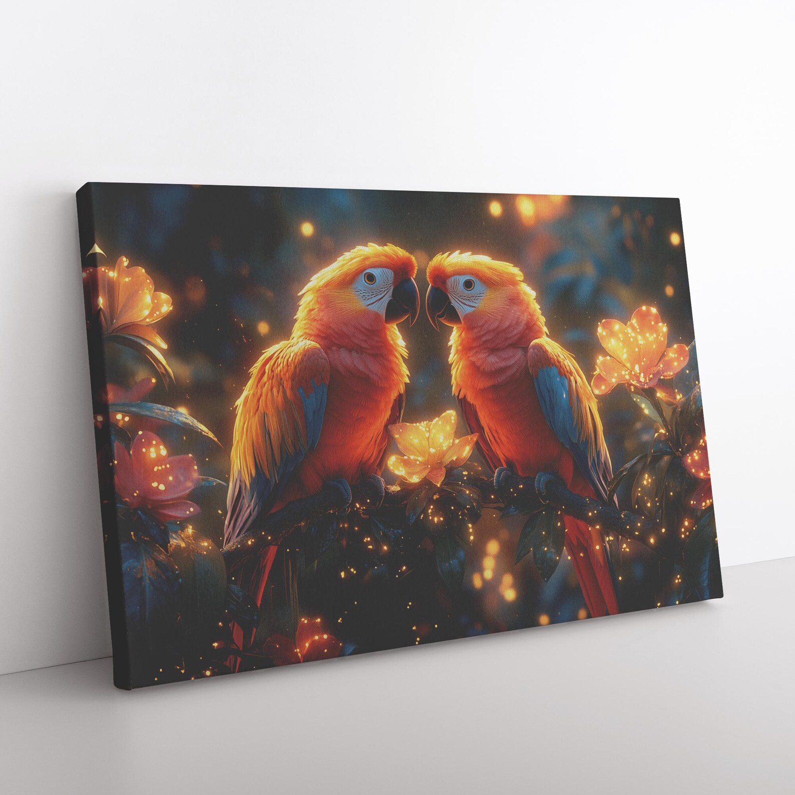 Pair of Parrots on Glowing Vine With Bioluminescent Plants in Twilight ...