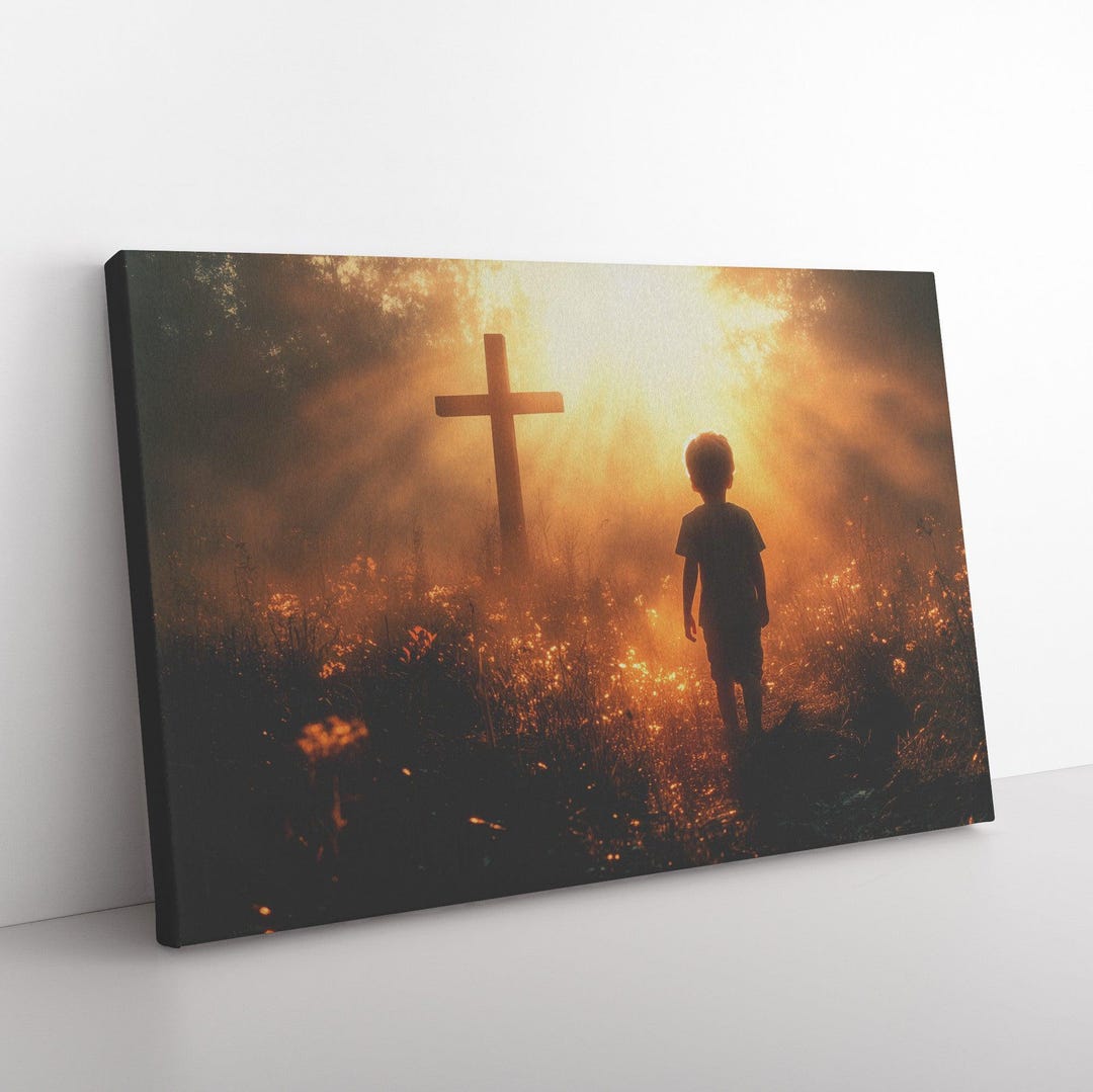 Path of Faith Little Boy Walking Towards the Cross in Enchanted Meadow ...