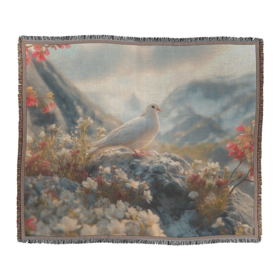 Serene White Dove Woven Throw Blanket With Mountain Peaks and Vibrant ...