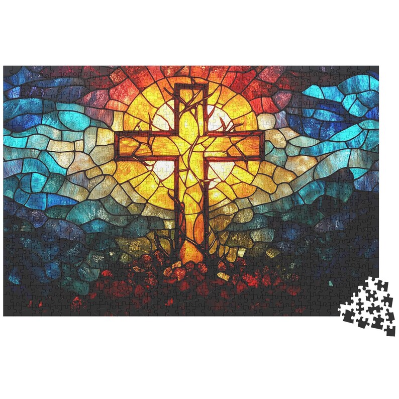 Golden Cross & Crown of Thorns Stained Glass Art Jigsaw Puzzle ...